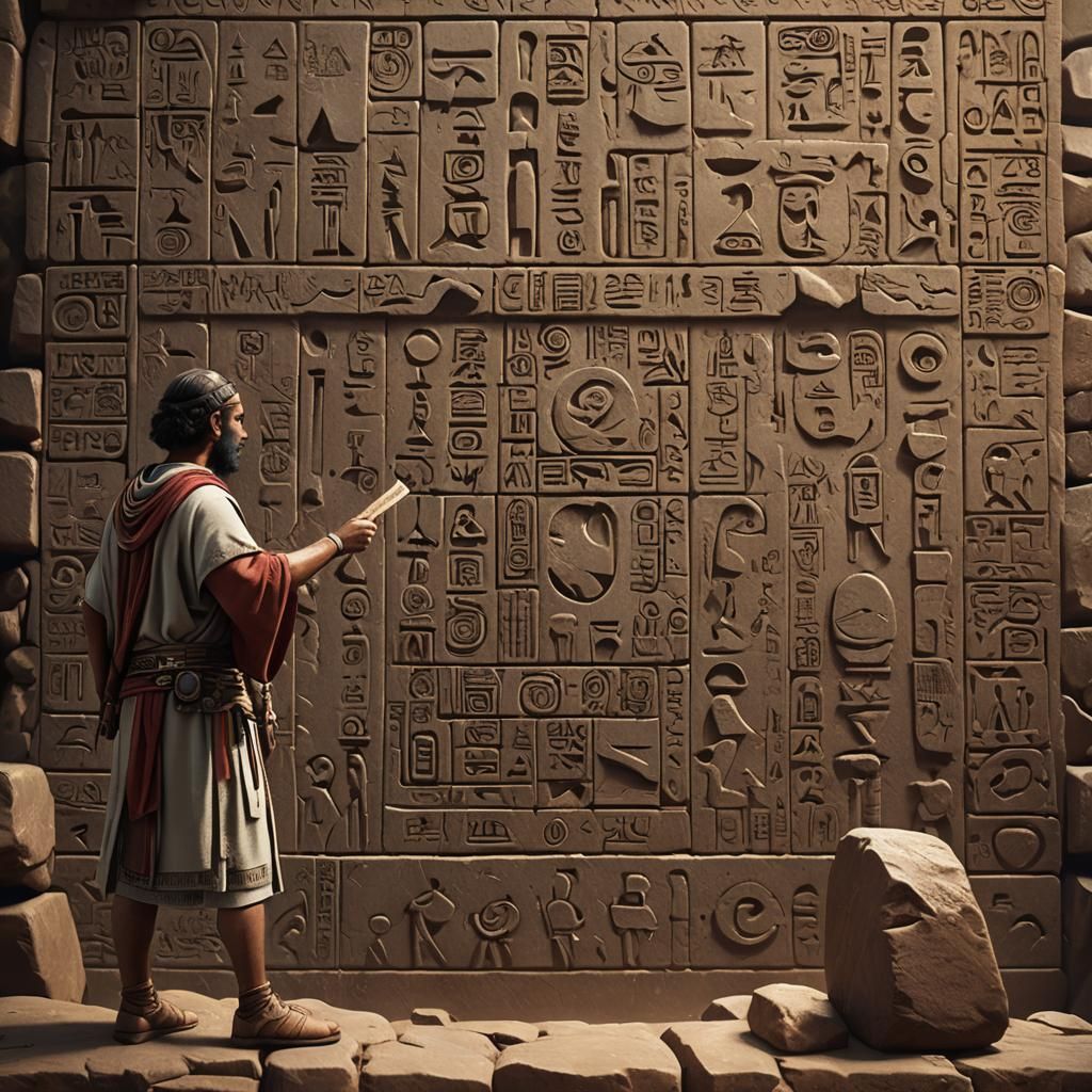 man finding Rosetta Stone hieroglyphics - AI Generated Artwork ...