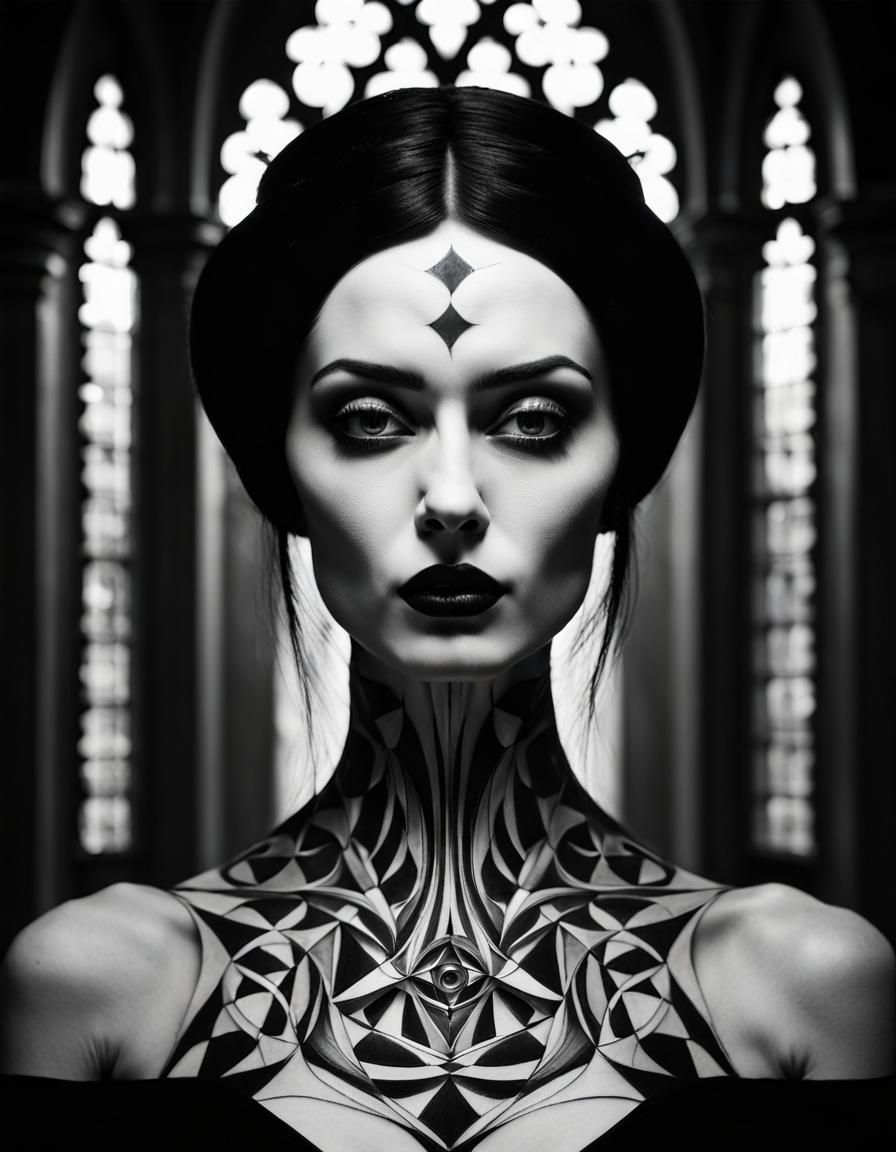 Black And White Photo Portrait Of Woman With Optical Illusion Neck