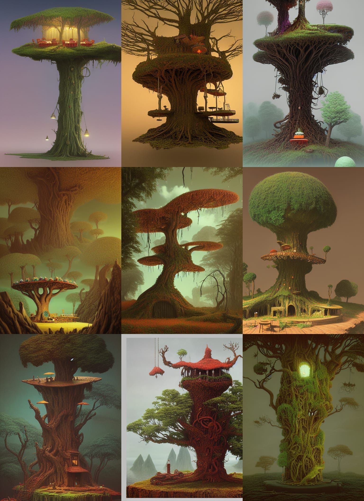 detailed diorama of restaurant on a giant tree from a H.P. Lovecraft ...