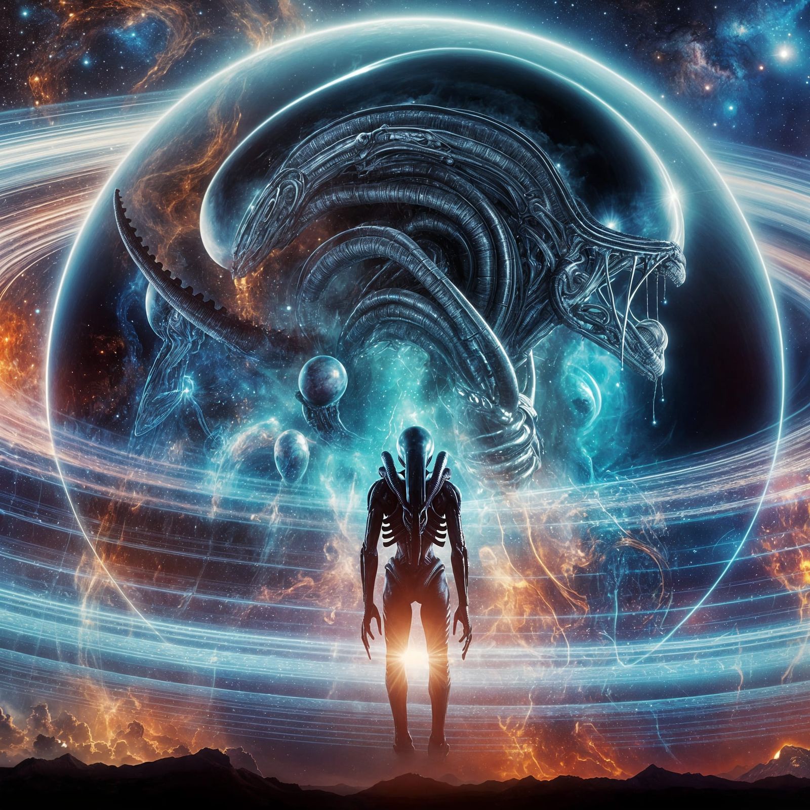 Double exposure: Xenomorph Alien overlaying a giant gas planet with ...