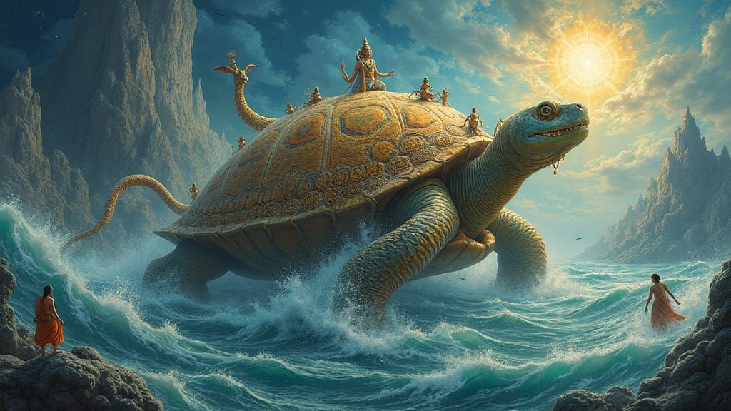 Divine Turtle Supports Cosmic Mountain in Swirling... - AI Art