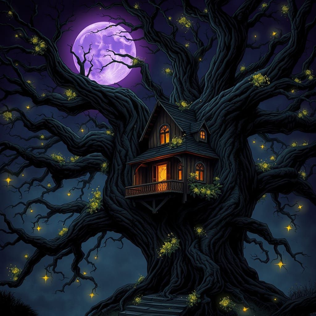 Enchanted Treehouse Under Purple Moonlight - AI Art