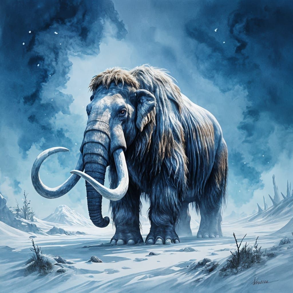 Woolly Mammoth in Frozen Landscape: Alcohol Ink Pa... - AI Art