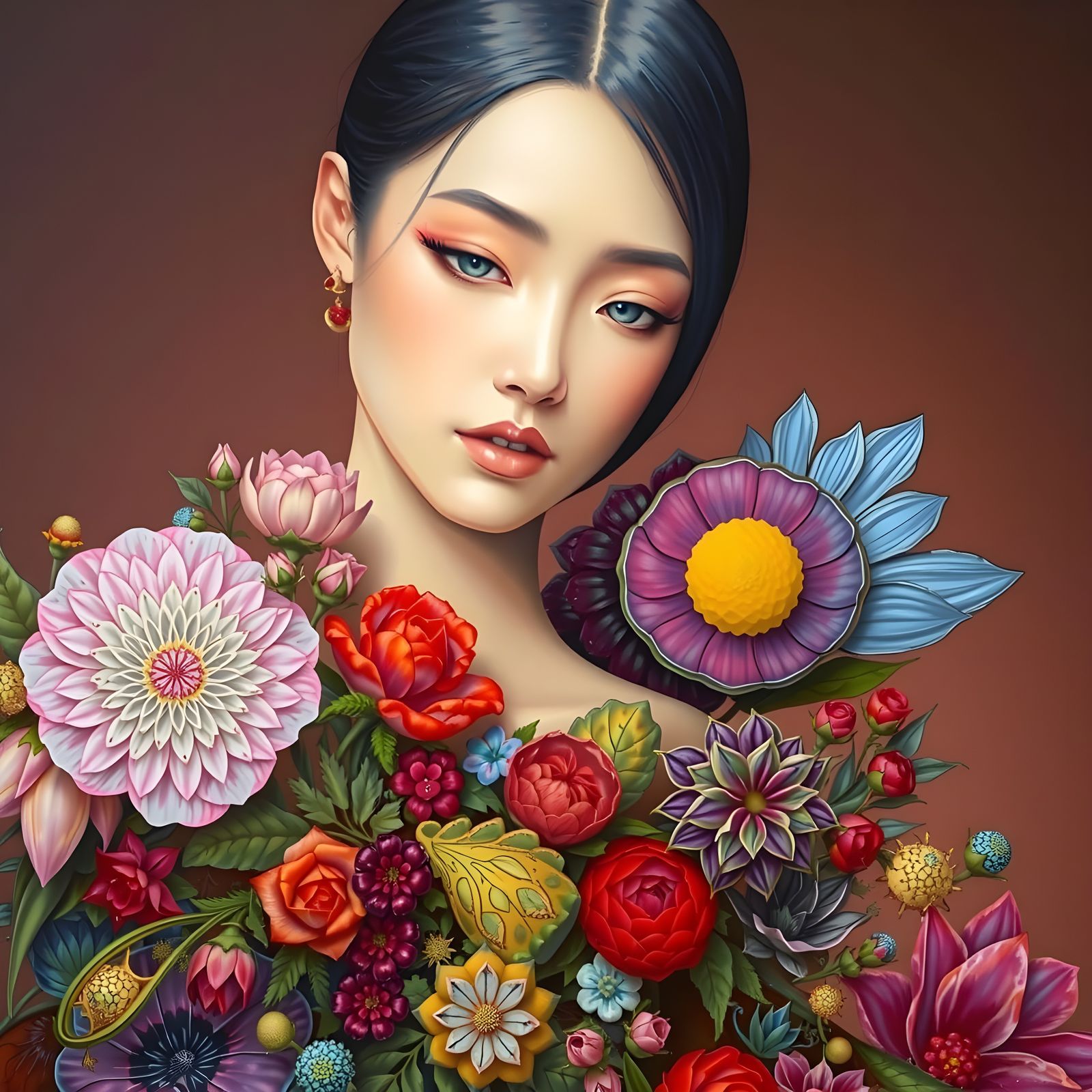 Surreal Neo-Expressionist Portrait of Asian Green Eyes Woman with Flowers