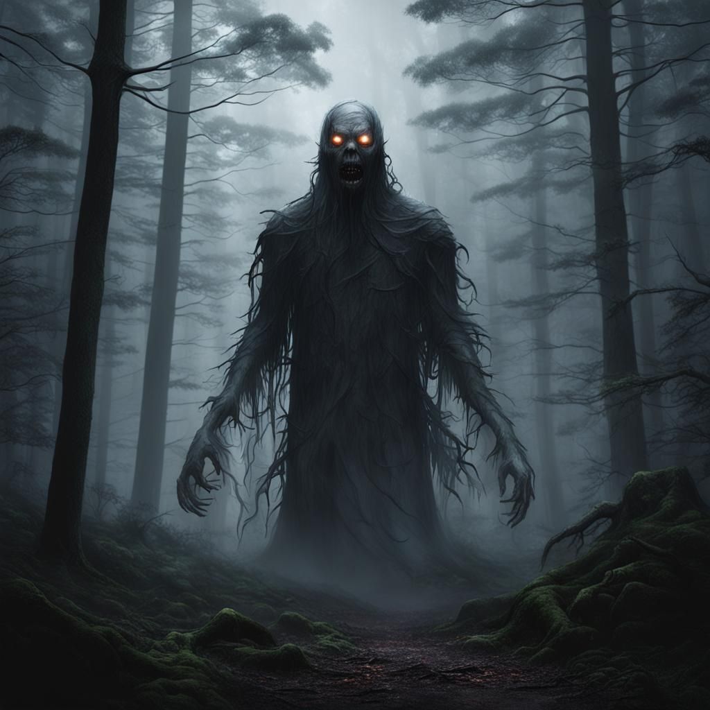Hyperrealistic concept art of an evil entity in a dark misty forest ...