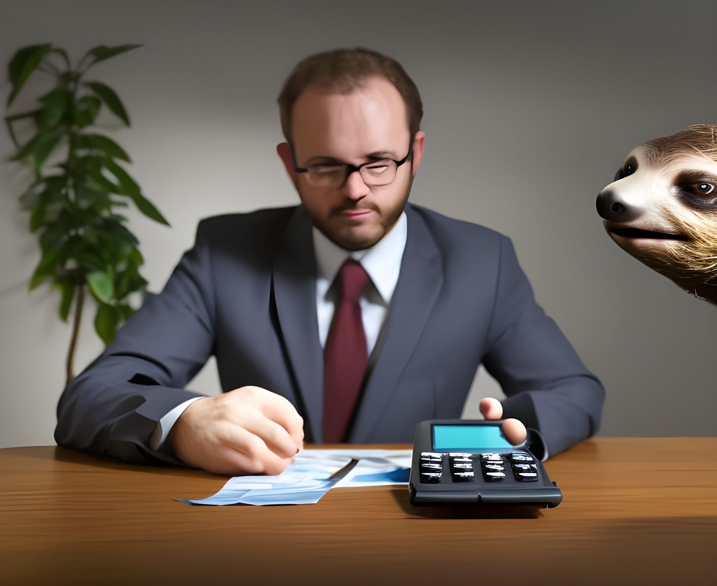 My Accountant is a Sloth, sloth in a suit, sloth using a calculator ...