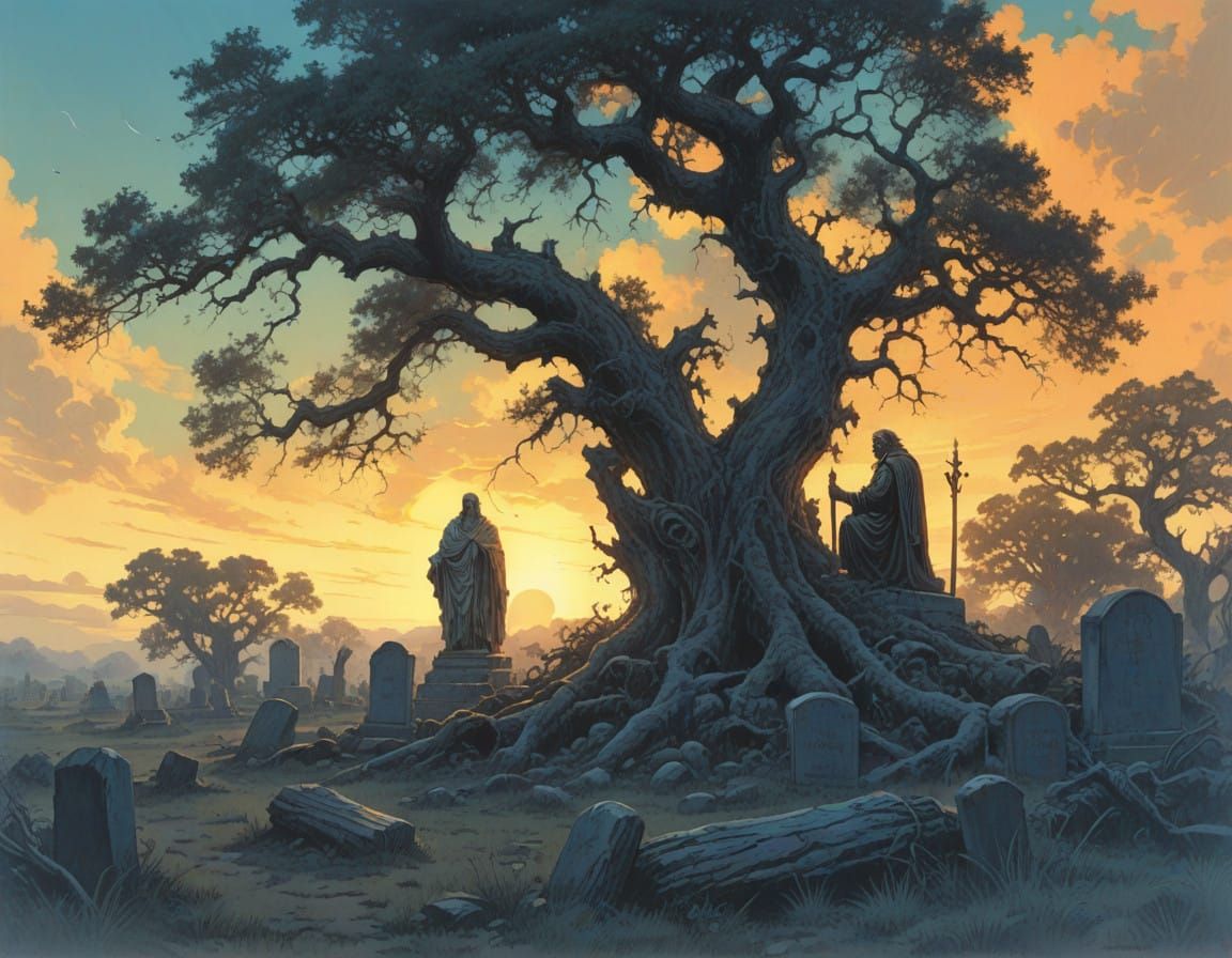 An old graveyard - Heroic Sunset Tombstones Amid Majestic Tr...