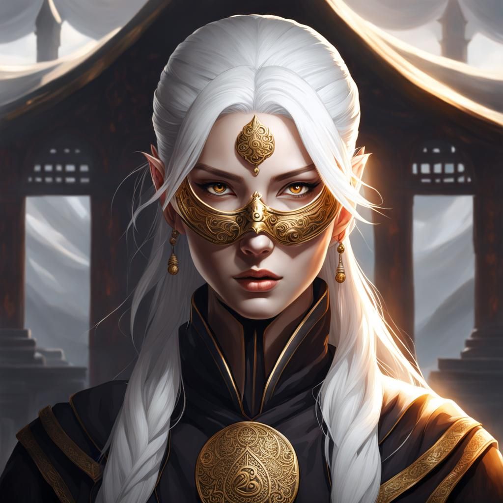 portrait of a female aasimar monk wearing a mask white hair pale skin ...