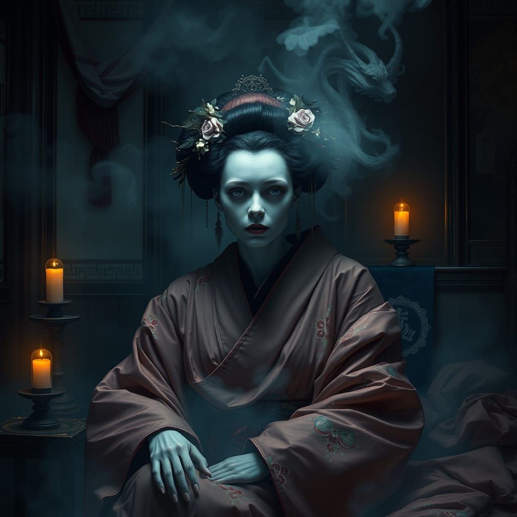 Ethereal Geisha in Twilight Chamber - AI Art