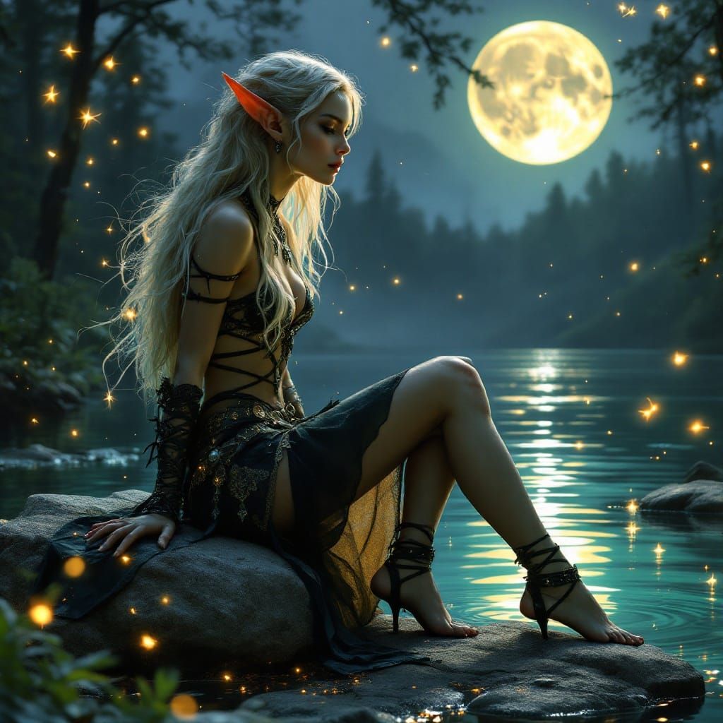 Ethereal Elf Princess under Moonlit Lake - AI Art