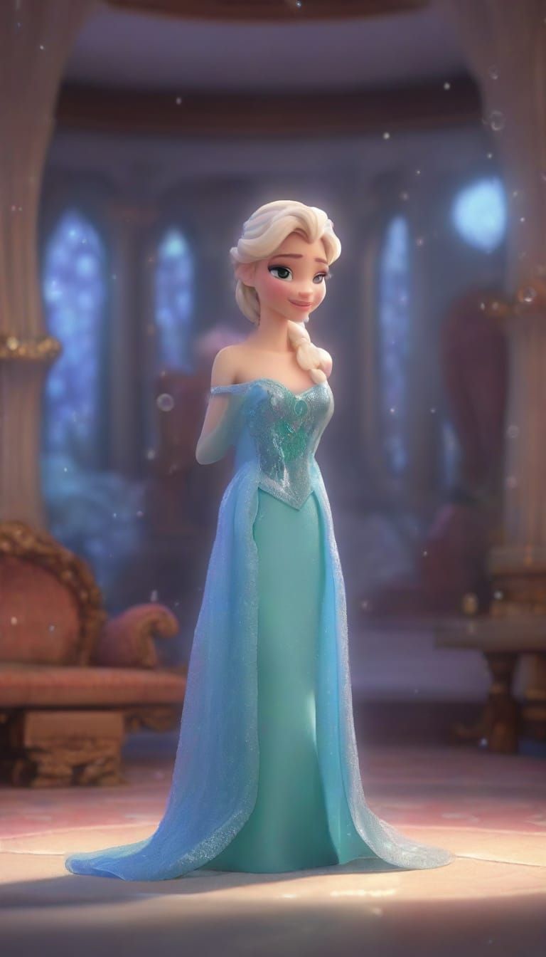 Pixar-Inspired Princess Elsa Smiling in Icy Palace - AI Art