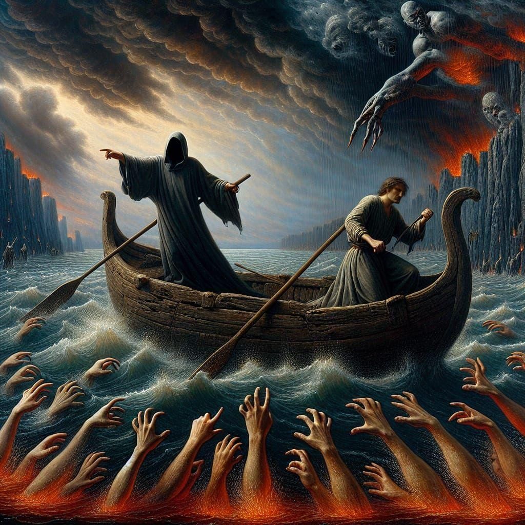 Dante Alighieri crosses the river Lethe together with on the boat of ...