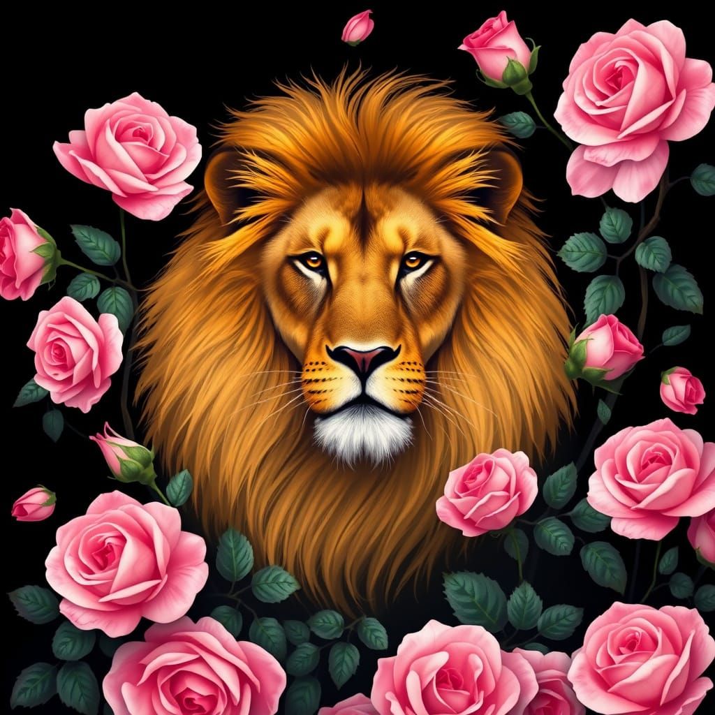 Lion in roses - Regal Lion in Vibrant Rose Petals