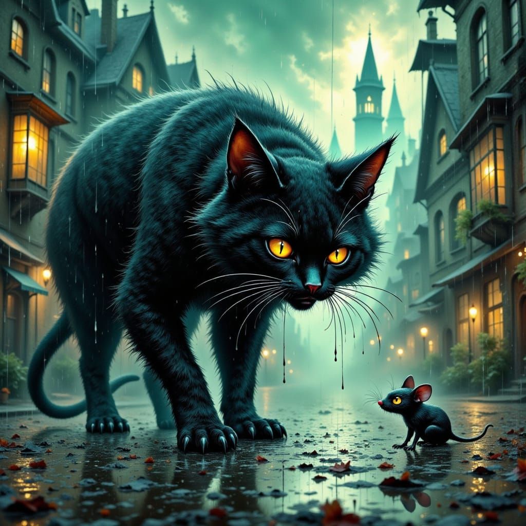 A hairy prowling mangy cat with an evil look looking down a small meal. Lol