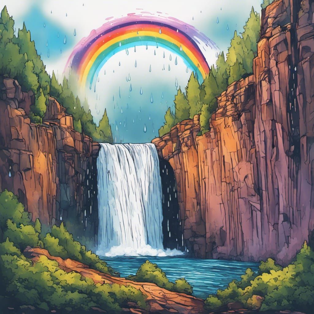 a waterfall going off a cliff with a rain bow behind gouache digital ...