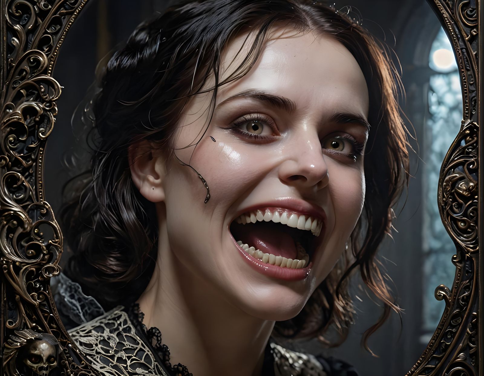 A portrait of Berenice snarling and showing her teeth) by Edgar Allan Poe