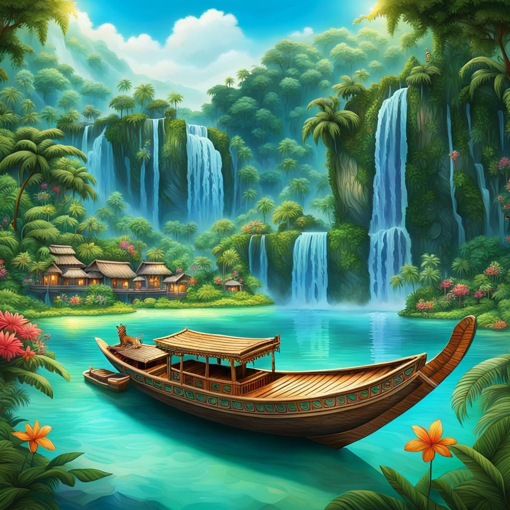 Hyperrealistic Jungle Paradise with Tiger and Lago... - AI Art