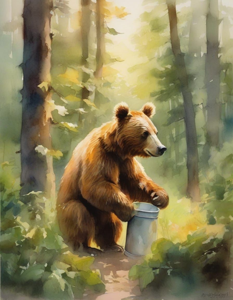 Wojtek - Whimsical Watercolor Portrait of a Brown Bear Cub