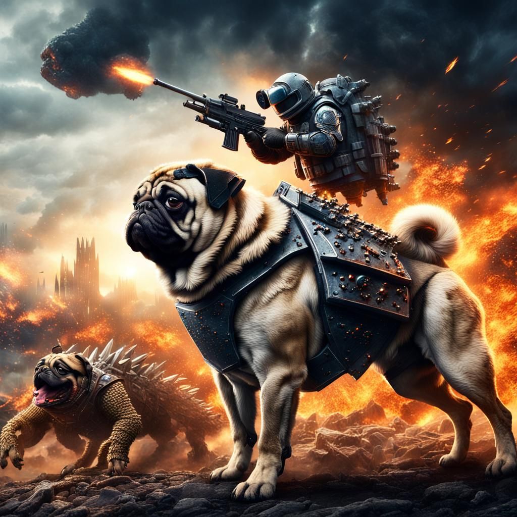 Pug in medieval fantasy armor with soldier partially consumed by flames ...