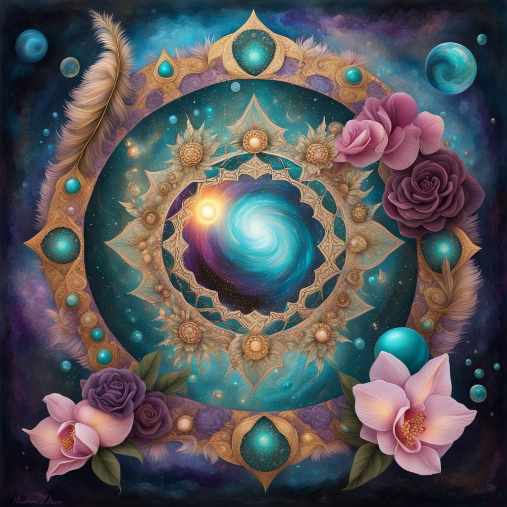 Mandala of light in the galaxy, in the middle the sun, made of stars ...