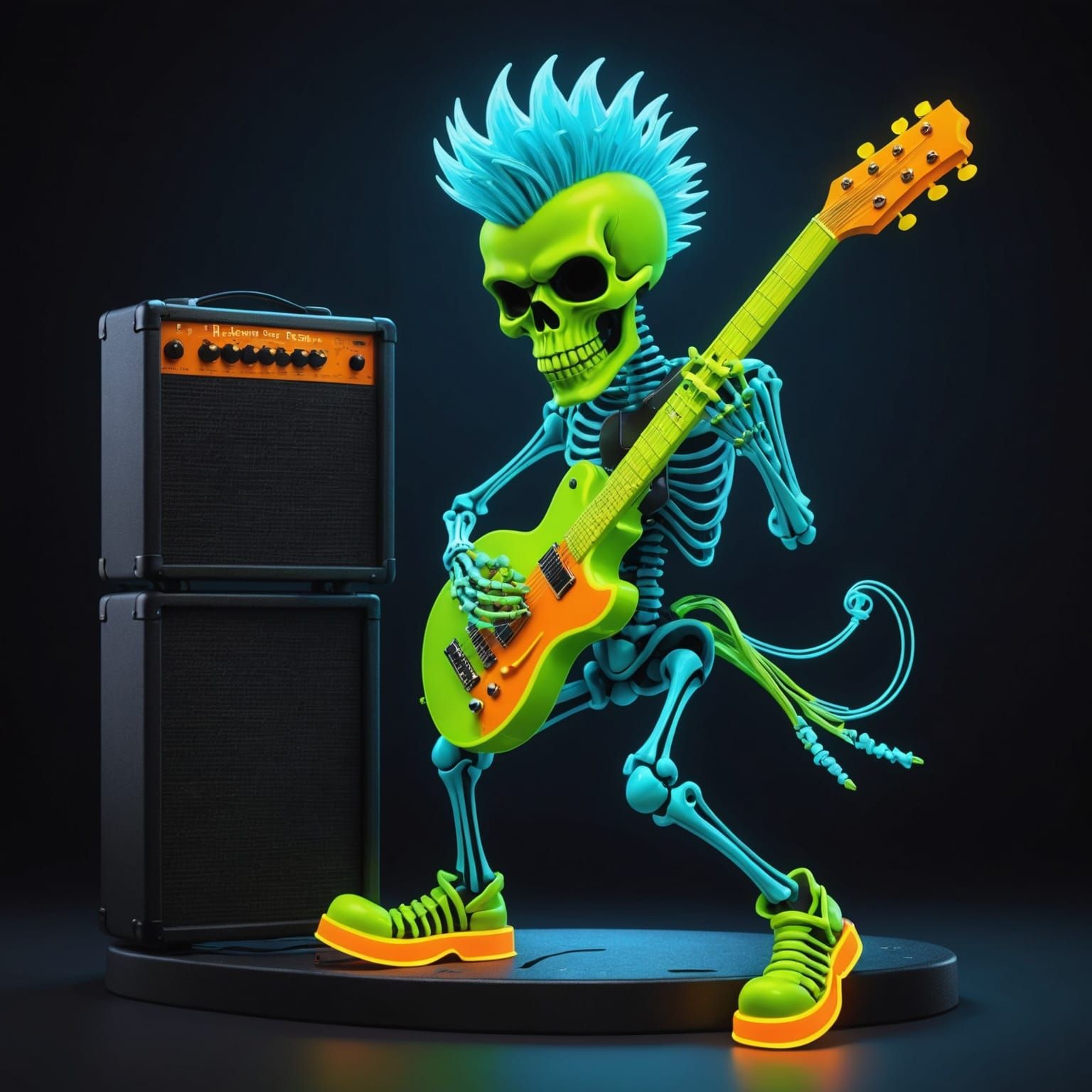 A neon green skeleton with a neon blue mohawk playing a guitar with ...