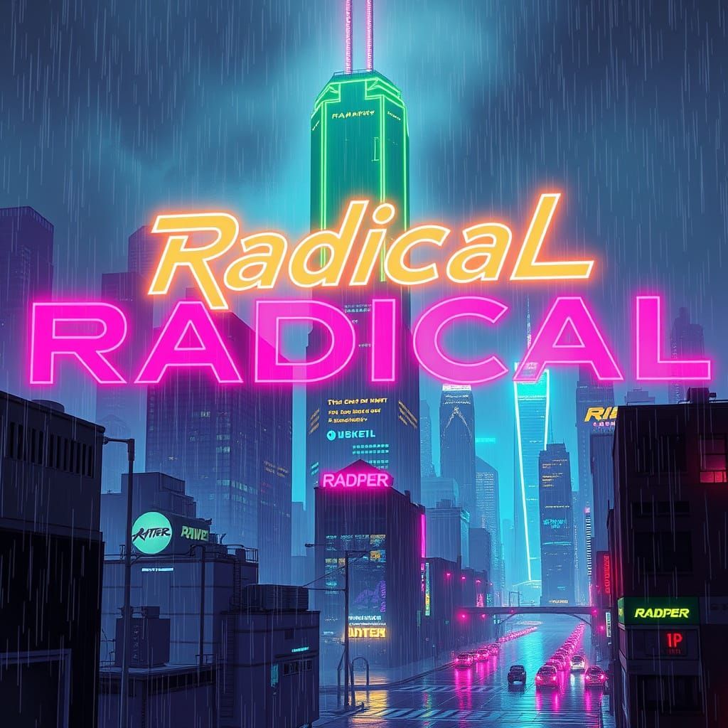 Neon Cityscape with Glowing Radical Font - AI Art