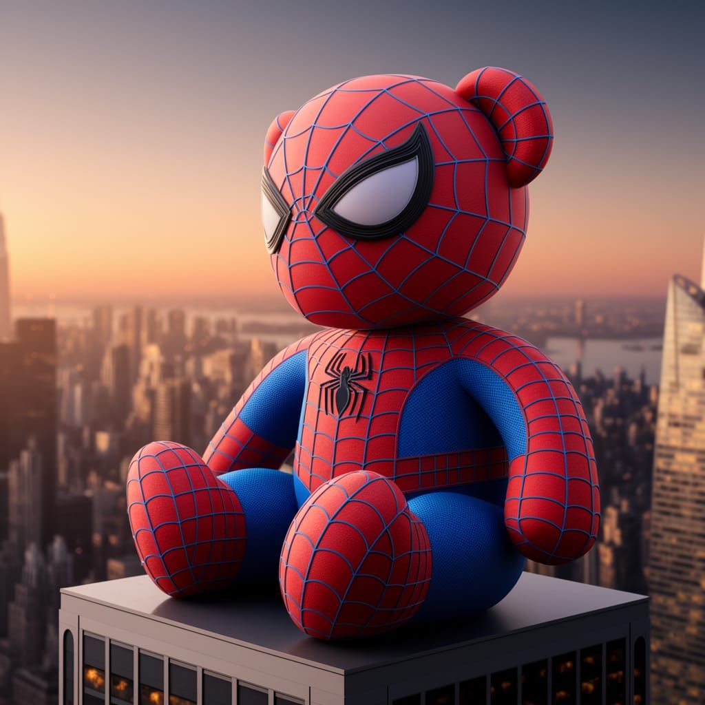 Spider teddy - Golden Sunset Spiderman Teddy Bear Perched on...