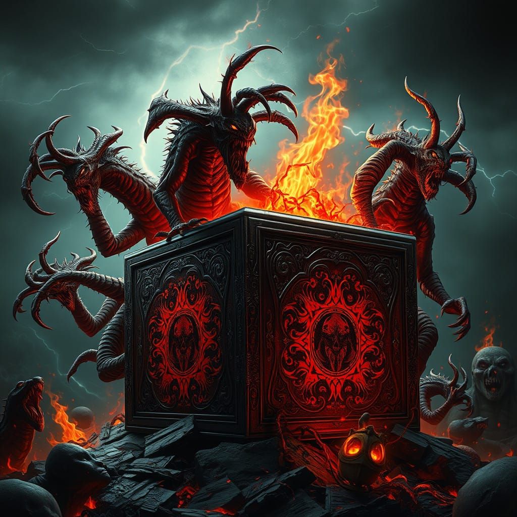 A vivid and haunting Ink and oil painting depicting hellish demons ...