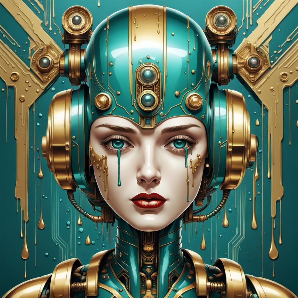 "Art Deco illustration beautiful robot, in the style of realistic hyper ...