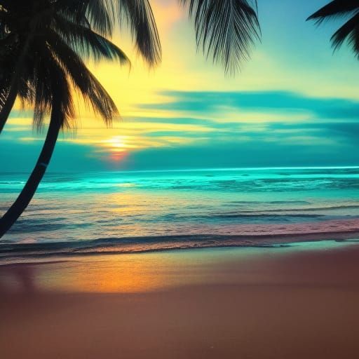 Beach at sunset with a turquoise sea and a tropical feel Epic cinematic ...