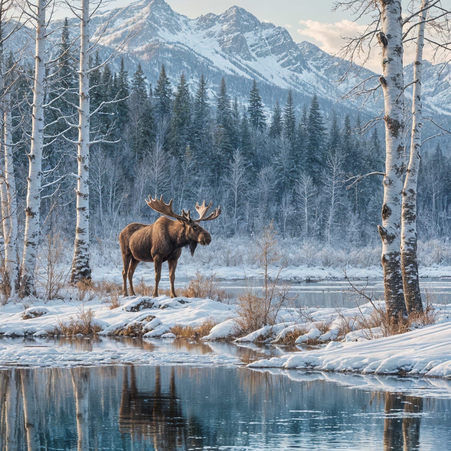 moose in an icy lake - Moose in a Winter Wonderland Landscap...