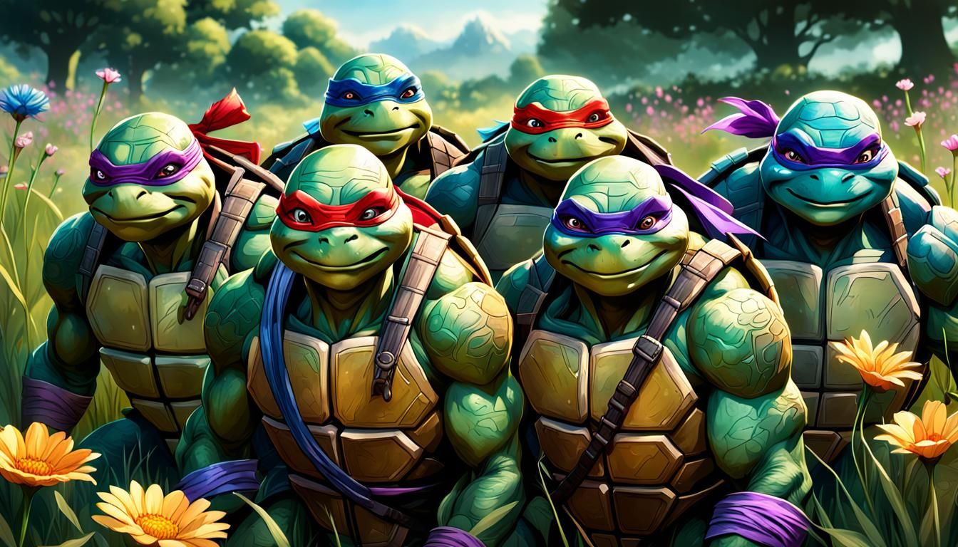 Cute ninja turtles, in a meadow with some flowers from the grass. - AI ...