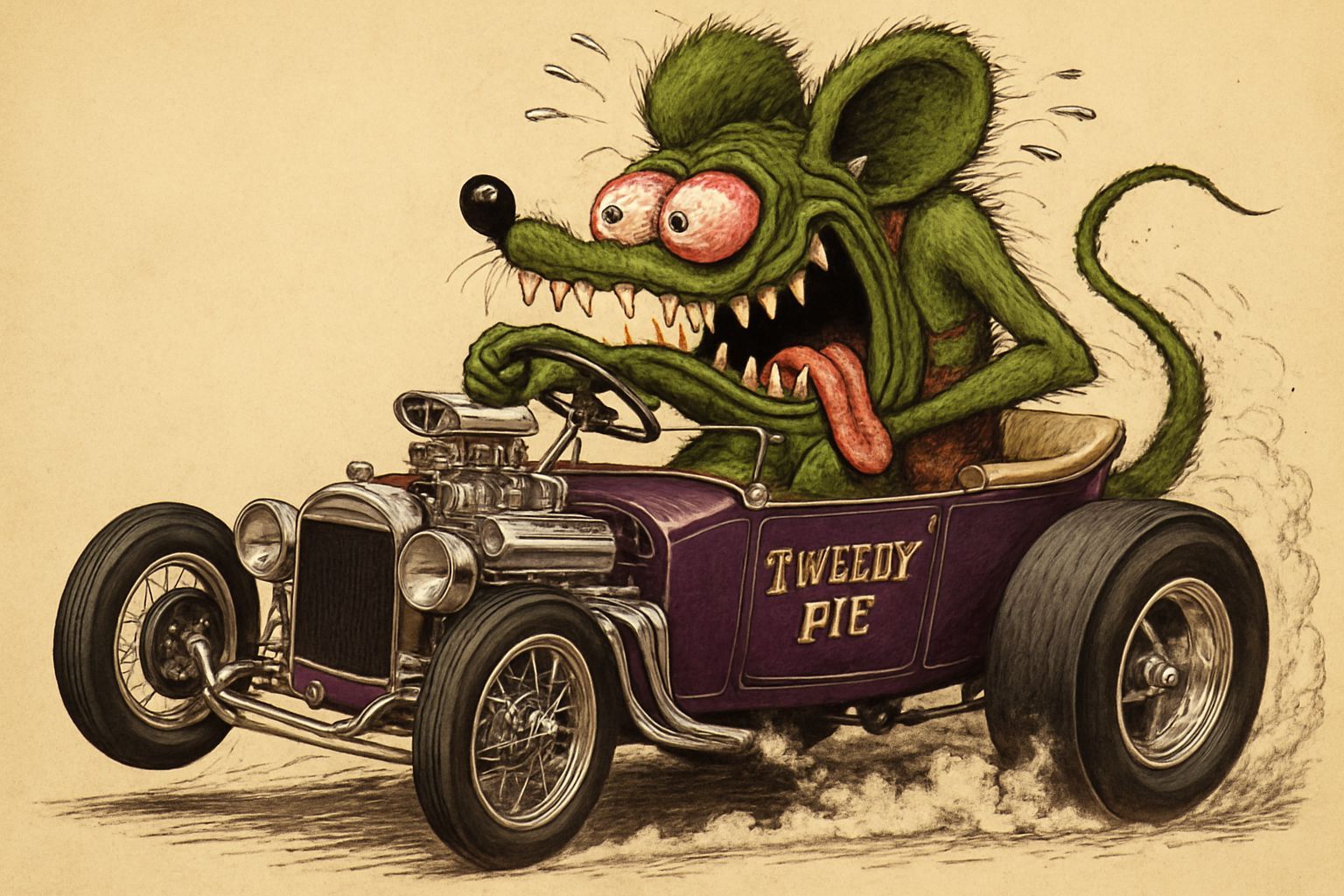 Ed Roth's Tweedy Pie Hot Rod with Rat Fink - AI Art