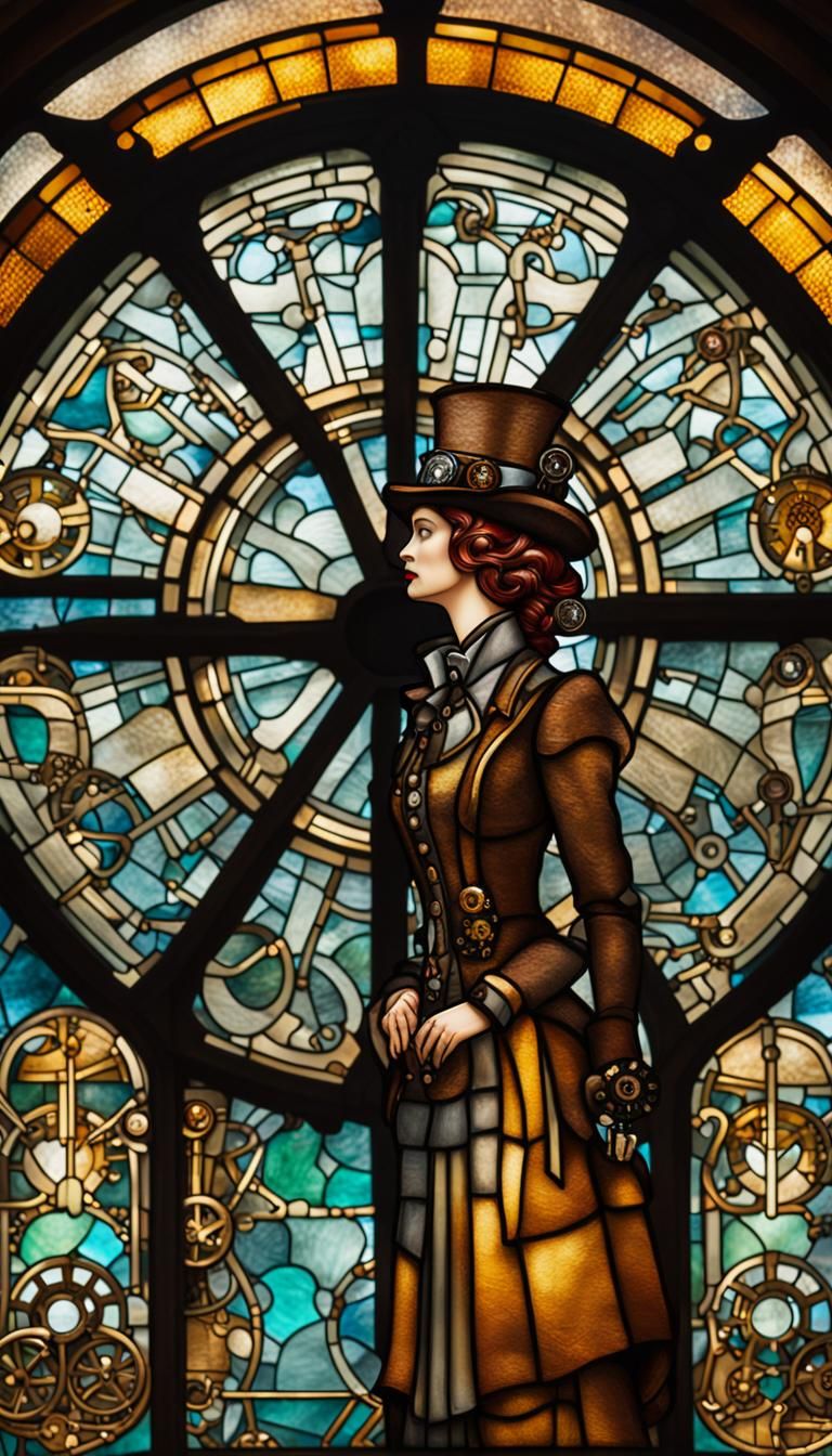 Stained glass Art Nouveau lancet window of a woman with a steampunk ...