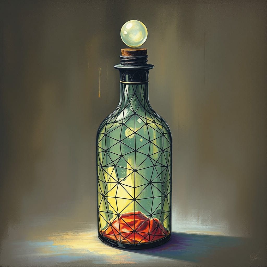 It depicts intricate geometric lines potion bottle. It's done with oil ...