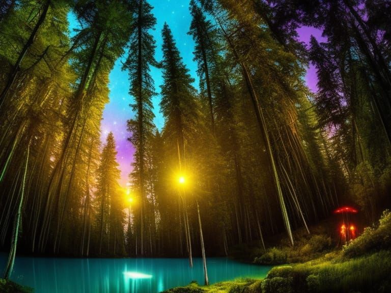 Eerie Wraiths between Trees in a Deep Forest Lake Purplish Night ...