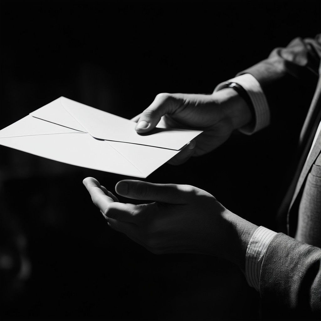A pair of hands generously handing out a stack of closed envelopes to a ...