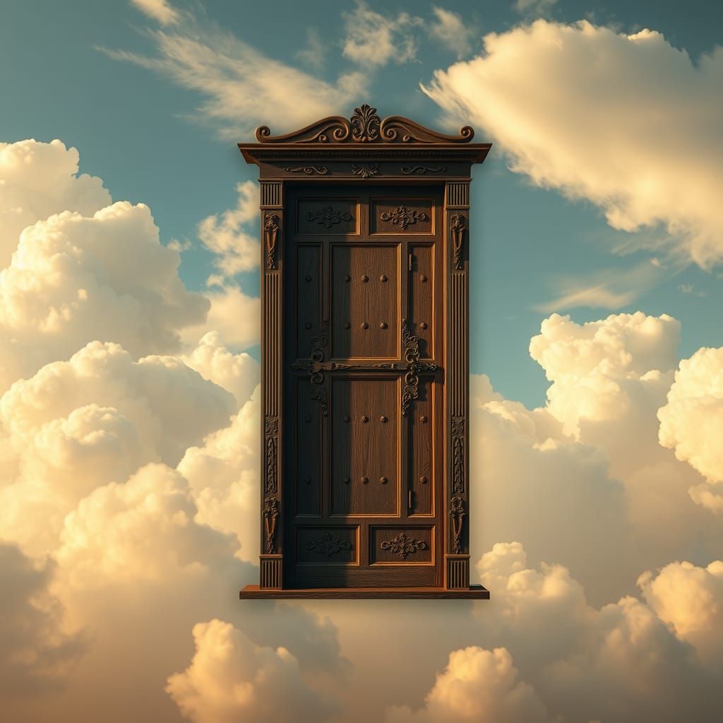 A door floating in the sky - Floating Door in Dreamlike Sky...