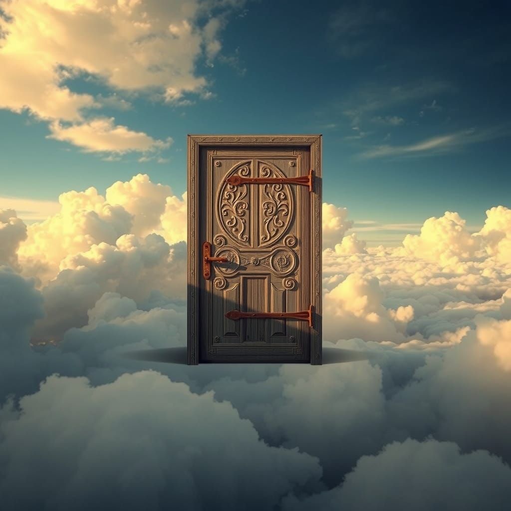 A door floating in the sky - Door Floating in Cloudy Sky: S...