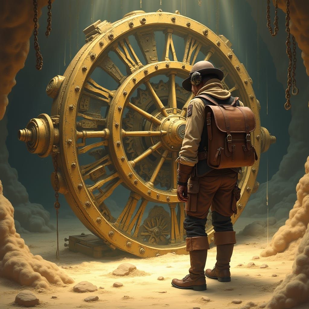 Steampunk Explorer and Ancient Clockwork Mechanism - AI Art