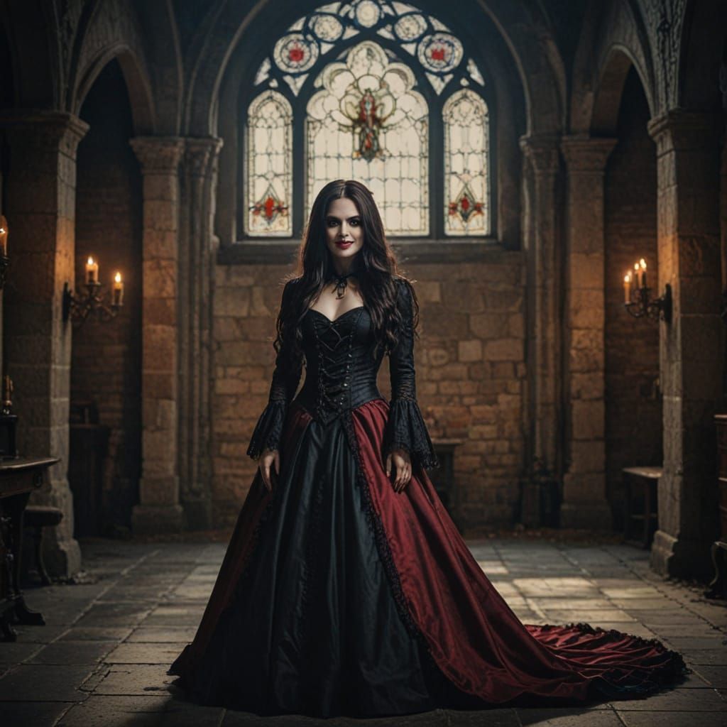 Gothic Vampire Maiden in Carmine and Black, Smilin... - AI Art