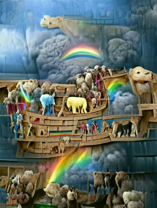 Animals Disembarking Noah's Ark with Rainbow - AI Art