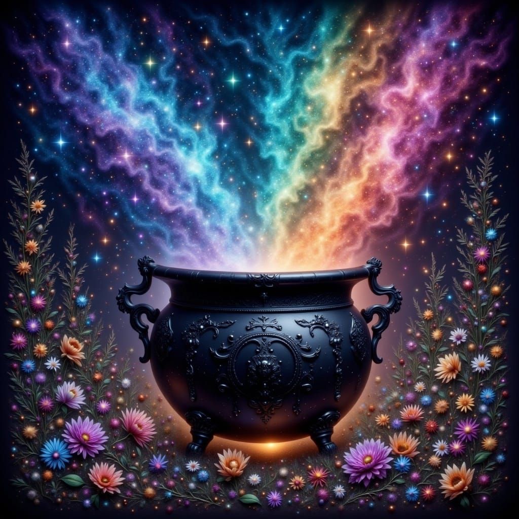 pot of rainbow magic - Vibrant Fantasy Cauldron of Cosmic Cr...
