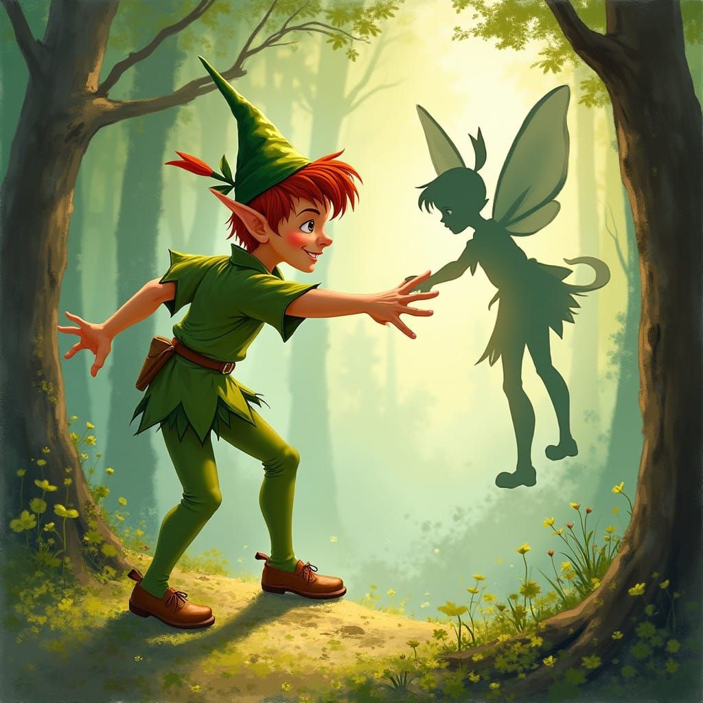 Peter Pan playing games with the living shadow of tinkerbell