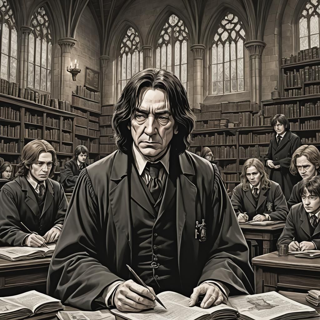 Professor snape in his class in hogwarts and Harry Potter and Ron ...
