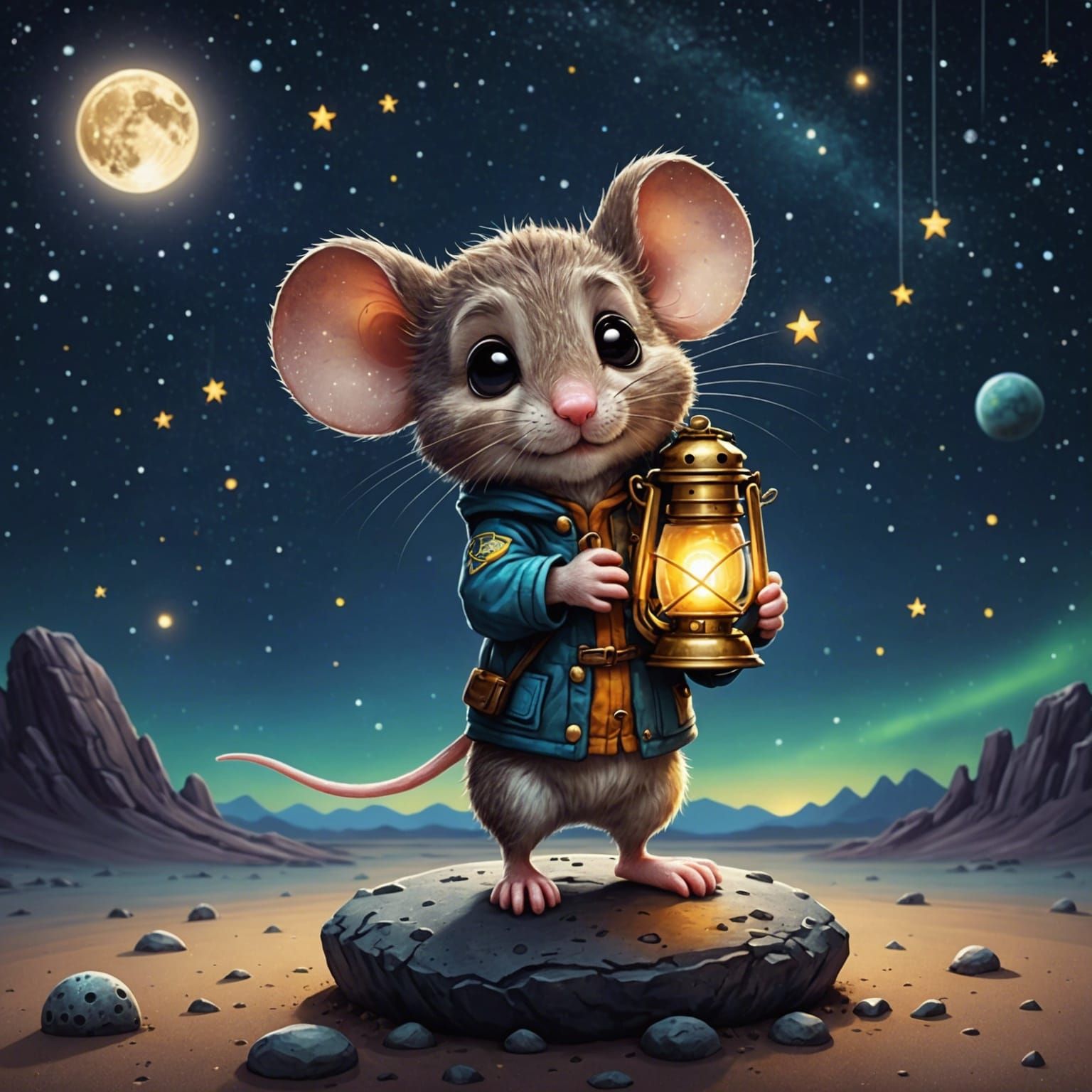 Photograph, chibi mouse holding a large lantern with fireflies in it on ...