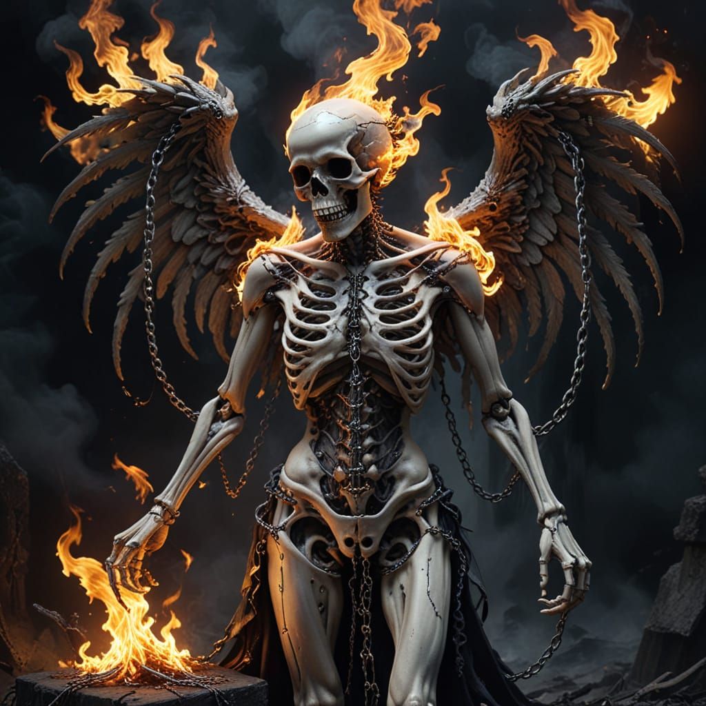 Eldritch Skeleton Angel Lurks in Dark Surreal Flam... - AI Art