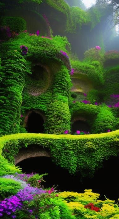 Multiple story flower covered fairy treehouse, fantasycore, synesthesia ...