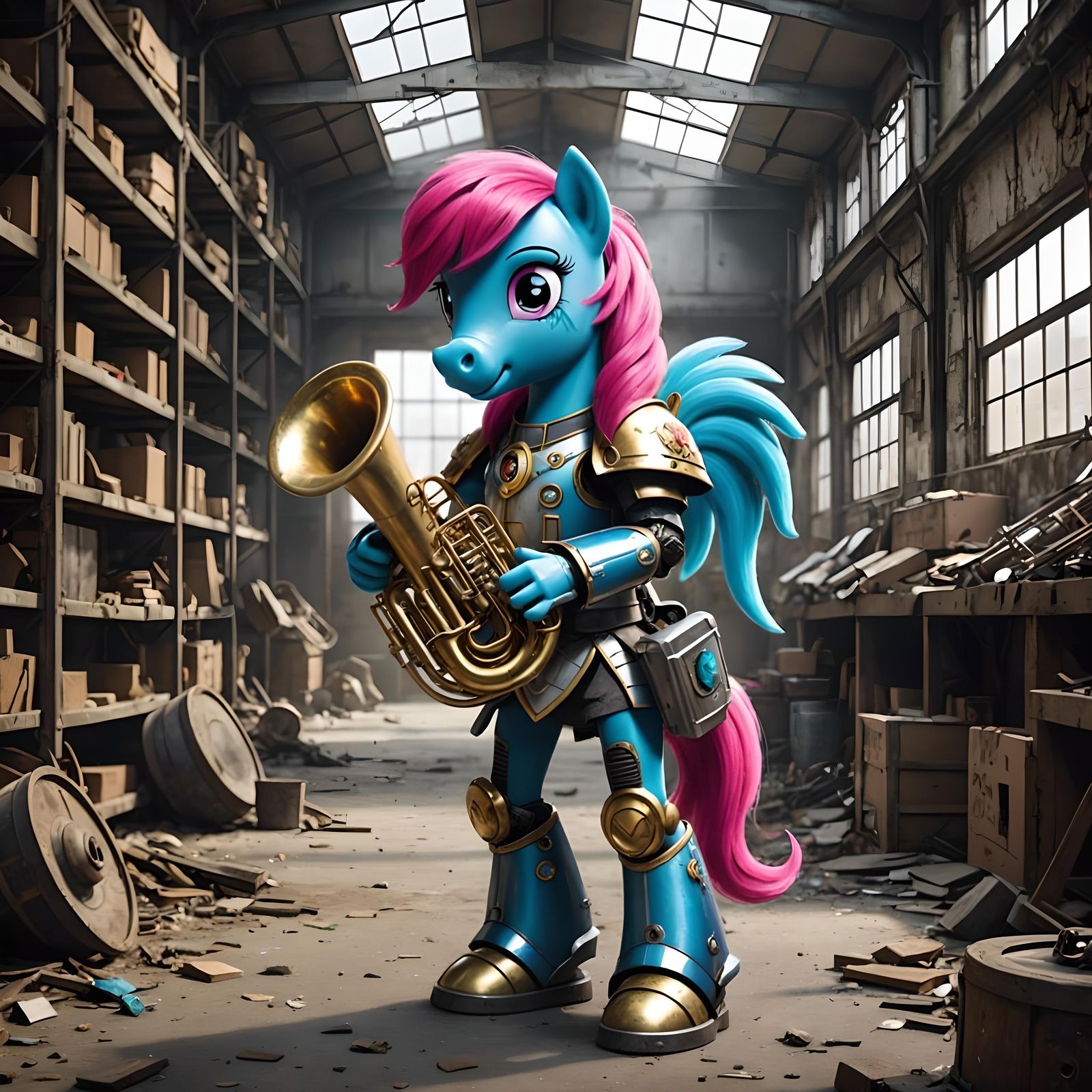 my little pony wearing cyborg armor and playing a tuba, post ...
