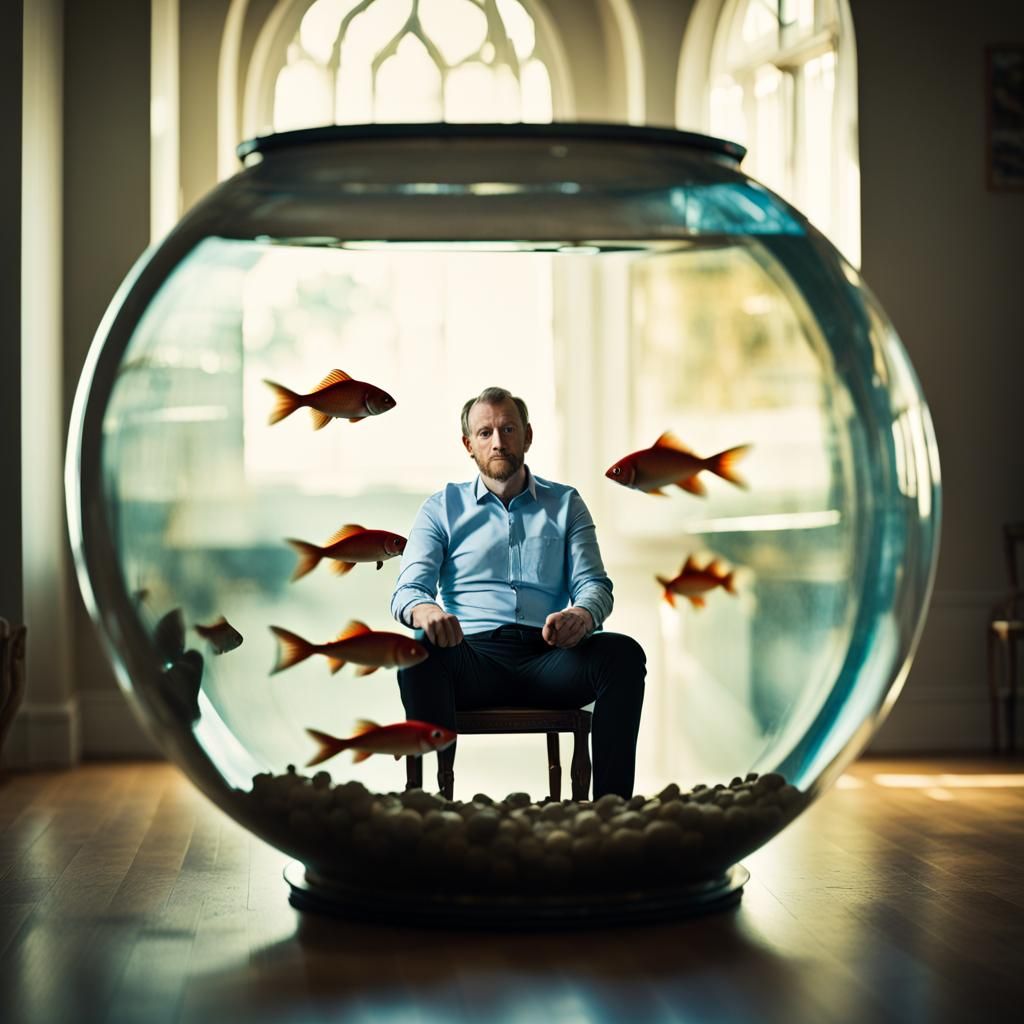 (man_dress_sitting_chair_inside_fishbowl_fish_around)forced perspective ...